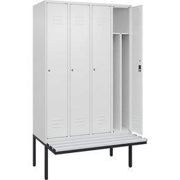 C+P Schwarz-Weiß-Spind Classic PLUS Sitzbank, schmal, 4 Abteile, Trennwand verkürzt, verkehrsweiß, B 1200 mm, Zylinderschloss, auskragend, Kunststoff