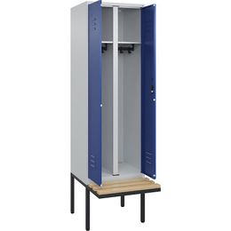 C+P Schwarz-Weiß-Spind Classic PLUS Sitzbank, 1 Abteil, lichtgrau / enzianblau, B 600 mm, Zylinderschloss, auskragend, Buche-Hartholz