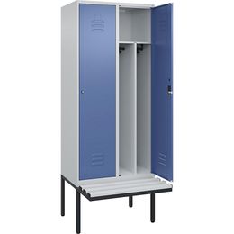 C+P Schwarz-Weiß-Spind Classic PLUS Sitzbank, schmal, 2 Abteile, Trennwand verkürzt, lichtgrau / fernblau, B 800 mm, Zylinderschloss, auskragend, Kunststoff