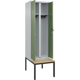 C+P Schwarz-Weiß-Spind Classic PLUS Sitzbank, 1 Abteil, lichtgrau / resedagrün, B 600 mm, Sicherheits-Drehriegel, untergebaut, Buche-Hartholz