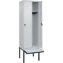C+P Spind Classic PLUS Sitzbank, 2 Abteile, lichtgrau, B 600 mm, Sicherheits-Drehriegel, auskragend, Kunststoff