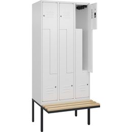 C+P Z-Spind Classic PLUS Sitzbank, 3 Abteile, verkehrsweiß, B 900 mm, Zylinderschloss, auskragend, Buche-Hartholz