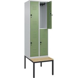 C+P Doppelstock-Spind Classic PLUS Sitzbank, 2 Abteile, lichtgrau / resedagrün, B 600 mm, Sicherheits-Drehriegel, untergebaut, Buche-Hartholz