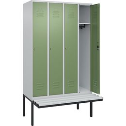 C+P Spind Classic PLUS Sitzbank, 4 Abteile, lichtgrau / resedagrün, B 1200 mm, Zylinderschloss, auskragend, Kunststoff
