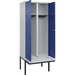 C+P Schwarz-Weiß-Spind Classic PLUS Sitzbank, 1 Abteil, lichtgrau / enzianblau, B 800 mm, Zylinderschloss, auskragend, Kunststoff