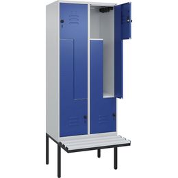 C+P Z-Spind Classic PLUS Sitzbank, 2 Abteile, lichtgrau / enzianblau, B 800 mm, Sicherheits-Drehriegel, auskragend, Kunststoff
