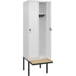 C+P Spind Classic PLUS Sitzbank, 2 Abteile, verkehrsweiß, B 600 mm, Sicherheits-Drehriegel, auskragend, Buche-Hartholz