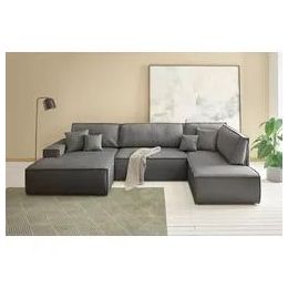 Wohnlandschaft Andas "FINNLEY U-Form XXL 329 cm, Schlafsofa, Schlaffunktion m. Bettkasten" Sofas Gr. B/H/T: 329 cm x 85 cm x 195 cm, Struktur fein, Ottomane links-langer Schenkel rechts, grau (anthrazit) (194139 cm), Bouclé, Struktur und Cord