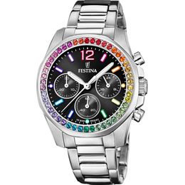 Chronograph Festina "Boyfriend, F20606/3" Armbanduhren silberfarben Damen Armbanduhr, Quarzuhr, Damen, Stoppfunktion, Zirkonia Regenbogenfarben