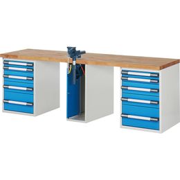 eurokraft pro Werkbank, Baukastensystem Serie 7000, 10 Schubladen, 1 Schraubstock mittig, BxT 2500 x 700 mm