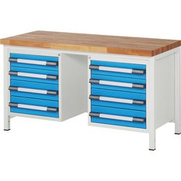 eurokraft pro Werkbank, Gestellbauweise Serie 8000, 12 Schubladen: 8 x 120, 4 x 150 mm, BxT 1500 x 700 mm