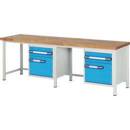 eurokraft pro Werkbank, Gestellbauweise Serie 8000, 2 Schubladen 180 mm, 2 Türen 360 mm, extrabreit, BxT 2500 x 700 mm