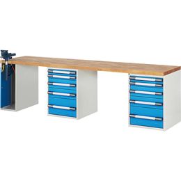 eurokraft pro Werkbank, Baukastensystem Serie 7000, 10 Schubladen, 1 Schraubstock linkseitig, BxT 3000 x 700 mm