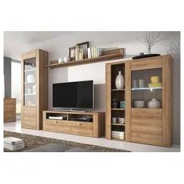 Wohnwand Home Affaire "Larona, Anbauwand, Set 4 Teilig" Kastenmöbel-Sets braun (eichefarben riviera) bestehend aus 1 TV-Board, Highboard, Vitrine, Wandregal