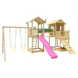 Spielturm Jungle Gym "Stronghold" Spieltürme pink (fuchsia) Kinder Spielanlage mit 2 Türmen, Schaukel und Rutsche Wasseranschluss