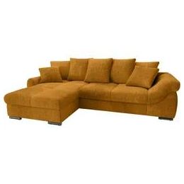 Ecksofa Inosign "Livorno" Sofas Gr. B/H/T: 266cm x 66cm x 188cm, Velours, Recamiere links-Bettfunktion rechts, orange (dolce 9 curry) inkl. Hochschläfer-Bettauszug, XL-Bettkasten weiß beschichtet