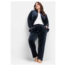 Relaxanzug sheego "Große Größen" Gr. 52/54, blau (nachtblau) Damen Homewear-Sets 2-tlg. aus Jacke und Hose, weiche Nicki-Qualität