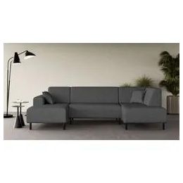 Wohnlandschaft Home Affaire "Wohnlandschaft Arros U-Form, mit Wellenunterfederung" Sofas Gr. B/H/T: 300 cm x 81 cm x 163 cm, Struktur 2, Recamiere links, grau (dunkelgrau) incl. loser Zierkissen, Maße BTH: 30016381 cm, auch in Cord