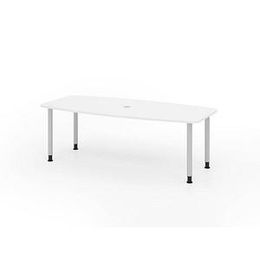 Hammerbacher Konferenztisch KT22C weiß Tonnenform, Rundrohr silber, 220,0 x 83,0 - 103,0 x 72,0 - 74,0 cm