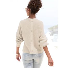 Rundhalspullover Lascana Gr. 40/42, beige (creme) Damen Pullover mit Zierknöpfen hinten, lockerer Strickpullover