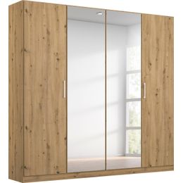 Drehtürenschrank Rauch "Kleiderschrank Schrank Garderobe Wäscheschrank COSMO" Schränke Gr. B/H/T: 181 cm x 197 cm x 54 cm, Mit Spiegel, braun (eiche artisan) mit zusätzlichen Einlegeböden, Metallgriffe in Weiß MADE IN GERMANY