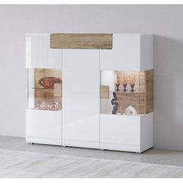 Highboard Inosign "Toledo,Breite 147,5cm,trendige Hochkommode mit 3Türen und Schublade" Sideboards weiß (weiß matt, hgl, san remo eiche) Hochschrank mit Glas-Partien,stylische Hochglanzfronten