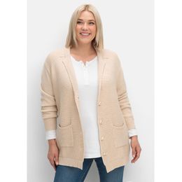 Strickjacke sheego "Große Größen" Gr. 48, beige (elfenbein) Damen Strickjacken mit Reverskragen und Rippmuster vorn