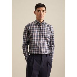 Flanellhemd Seidensticker "Shaped", Herren, Gr. S (38), normale Ärmellängen, blau (dunkelblau), 100% Baumwolle, kariert, tailored fit, Langarm 2-Knopf-Manschette, Hemden, Shaped Langarm Button-Down-Kragen Karo