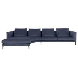 Ecksofa furninova "Megasofa und Polstertraum, Designmöbel mit erstklassigem Sitzkomfort" Sofas Gr. B/H/T: 371 cm x 80 cm x 177 cm, Velours, Recamiere links, ohne Bettfunktion, blau (ocean) mit abgerundetem Longchair, im skandinavischen Design