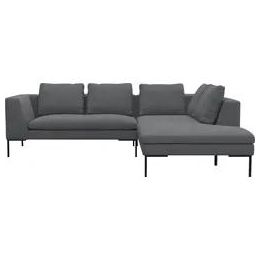 Ecksofa FLEXLUX "Loano, superbequemer Sitzkomfort durch Kaltschaum im Sitz, L-Form" Sofas Gr. B/H/T: 255cm x 86cm x 230cm, Lederoptik, lange Ottomane rechts, grau (elephant grau) modernes Sofa, frei im Raum stellbar, lose Kissen, hoher Fuß