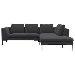 Ecksofa FLEXLUX "Loano, superbequemer Sitzkomfort durch Kaltschaum im Sitz, L-Form" Sofas Gr. B/H/T: 255cm x 86cm x 230cm, Lederoptik, lange Ottomane rechts, grau (shark grau) modernes Sofa, frei im Raum stellbar, lose Kissen, hoher Fuß