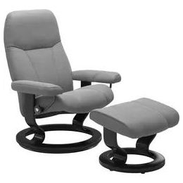 Relaxsessel stressless "Consul" Sessel Gr. Leder BATICK, Classic Base Schwarz, PlusTMSystem-Gleitsystem-Relaxfunktion-Drehfunktion-Kopfstützenverstellung-Rückteilverstellung, B/H/T: 76cm x 100cm x 71cm, grau (wild dove batick) mit Hocker, Classic Base, Größe M, Gestell Schwarz