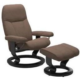 Relaxsessel stressless "Consul" Sessel Gr. ROHLEDER Stoff Q2 FARON, Classic Base Schwarz, PlusTMSystem-Gleitsystem-Relaxfunktion-Drehfunktion-Kopfstützenverstellung-Rückteilverstellung, B/H/T: 76cm x 100cm x 71cm, braun (dark beige q2 faron) mit Hocker, Classic Base, Größe M, Gestell Schwarz