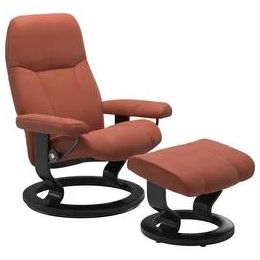 Relaxsessel stressless "Consul" Sessel Gr. Leder PALOMA, Classic Base Schwarz, PlusTMSystem-Gleitsystem-Relaxfunktion-Drehfunktion-Kopfstützenverstellung-Rückteilverstellung, B/H/T: 72cm x 94cm x 70cm, rot (henna paloma) mit Hocker, Classic Base, Größe S, Gestell Schwarz