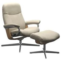 Relaxsessel stressless "Garda" Sessel Gr. Leder BATICK, Cross Base Eiche, Relaxfunktion-Drehfunktion-PlusTMSystem-Gleitsystem-BalanceAdaptTM, B/H/T: 91cm x 102cm x 79cm, beige (cream batick) mit Hocker, Cross Base, Größe M & L, Holzakzent Eiche