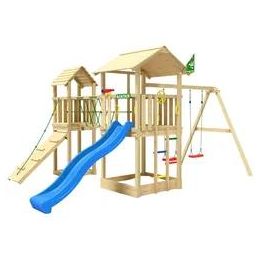 Spielturm Jungle Gym "Nova" Spieltürme blau Kinder Spielanlage mit 2 Türmen, Schaukel und Rutsche Wasseranschluss