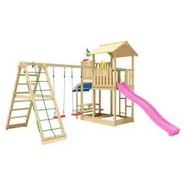 Spielturm Jungle Gym "Veranda" Spieltürme pink (fuchsia) Kinder Spielanlage mit Schaukel, Kletterbock und Rutsche Wasseranschluss