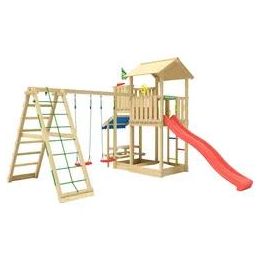 Spielturm Jungle Gym "Veranda" Spieltürme rot Kinder Spielanlage mit Schaukel, Kletterbock und Rutsche Wasseranschluss