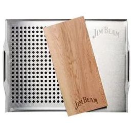 Grillerweiterung Jim Beam BBQ "Edelstahl-Platte" Grillroste Gr. B/H/L: 41cm x 1,5cm x 31cm, grau (grau, braun) 59x30 cm, mit Zedernholz Räucherbrett für Grillgut, Fisch, Gemüse