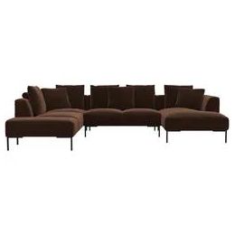 Ecksofa FLEXLUX "Sava U-Form, bequem und komfortabel durch den hochwertigen Sitzaufbau" Sofas Gr. B/H/T: 370cm x 94cm x 222cm, Velvet, langer Schenkel links, braun (tobacco) Schwarze Metallfüße, mit losen Rückenkissen, Luxuriöses Sitzkomfort