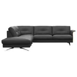 Ecksofa FLEXLUX "Glow, super bequem durch hochwertigem Sitzaufbau mit Federkern, L-Form" Sofas Gr. B/H/T: 268cm x 81cm x 224cm, Echtleder, Ottomane rechts, Armlehnen in Walnuss, schwarz (deep black) Skandinavisches Design, In hochwertiger Verarbeitung