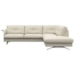 Ecksofa FLEXLUX "Glow, super bequem durch hochwertigem Sitzaufbau mit Federkern, L-Form" Sofas Gr. B/H/T: 268cm x 81cm x 224cm, Echtleder, Ottomane links, Armlehnen in Walnuss, weiß (warm weiß) Skandinavisches Design, In hochwertiger Verarbeitung