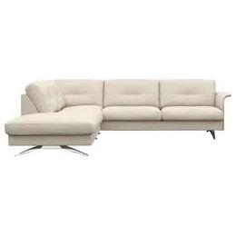 Ecksofa FLEXLUX "Glow, super bequem durch hochwertigem Sitzaufbau mit Federkern, L-Form" Sofas Gr. B/H/T: 268cm x 81cm x 224cm, Echtleder, Ottomane rechts, Armlehnen in geölter Eiche, weiß (warm white) Skandinavisches Design, In hochwertiger Verarbeitung