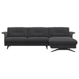 Ecksofa FLEXLUX "Glow, super bequem durch hochwertigem Sitzaufbau mit Federkern, L-Form" Sofas Gr. B/H/T: 273cm x 81cm x 158cm, Lederoptik, Chaiselongue rechts, Armlehne Furnier: Walnuss, grau (shark grau) Modernes skandinavisches Design