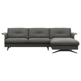 Ecksofa FLEXLUX "Glow, super bequem durch hochwertigem Sitzaufbau mit Federkern, L-Form" Sofas Gr. B/H/T: 273cm x 81cm x 158cm, Echtleder, Chaiselongue rechts, Armlehne Furnier: Walnuss, grau (warm mineral grey) Modernes skandinavisches Design