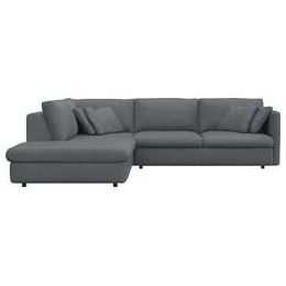 Ecksofa FLEXLUX "Lovane" Sofas Gr. B/H/T: 295cm x 84cm x 272cm, Bouclé, lange Ottomane links, blau (navy blau) Weich & anschmiegsam, große Sitztiefe auf Kaltschaum, Dekokissen inkl.