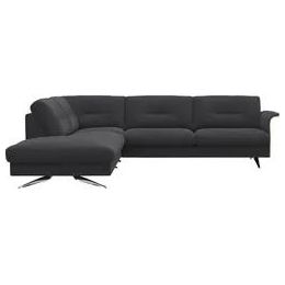 Ecksofa FLEXLUX "Glow, super bequem durch hochwertigem Sitzaufbau mit Federkern, L-Form" Sofas Gr. B/H/T: 268cm x 81cm x 224cm, Lederoptik, Ottomane rechts, Armlehnen in Walnuss, schwarz (gorilla black) Skandinavisches Design, In hochwertiger Verarbeitung