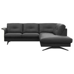 Ecksofa FLEXLUX "Glow, super bequem durch hochwertigem Sitzaufbau mit Federkern, L-Form" Sofas Gr. B/H/T: 236cm x 81cm x 224cm, Echtleder, Ottomane links, Armlehnen in geölter Eiche, schwarz (deep black) Modernes skandinavisches Design