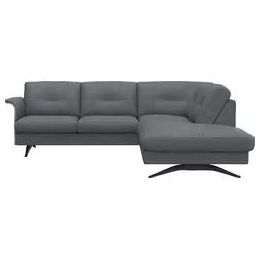 Ecksofa FLEXLUX "Glow, super bequem durch hochwertigem Sitzaufbau mit Federkern, L-Form" Sofas Gr. B/H/T: 236cm x 81cm x 224cm, Bouclé, Ottomane links, Armlehnen in geölter Eiche, blau (navy blau) Modernes skandinavisches Design