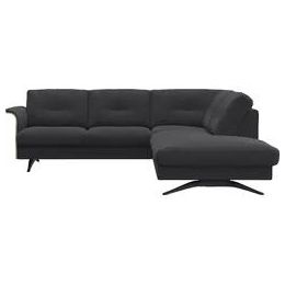 Ecksofa FLEXLUX "Glow, super bequem durch hochwertigem Sitzaufbau mit Federkern, L-Form" Sofas Gr. B/H/T: 236cm x 81cm x 224cm, Lederoptik, Ottomane links, Armlehnen in geölter Eiche, schwarz (gorilla black) Modernes skandinavisches Design